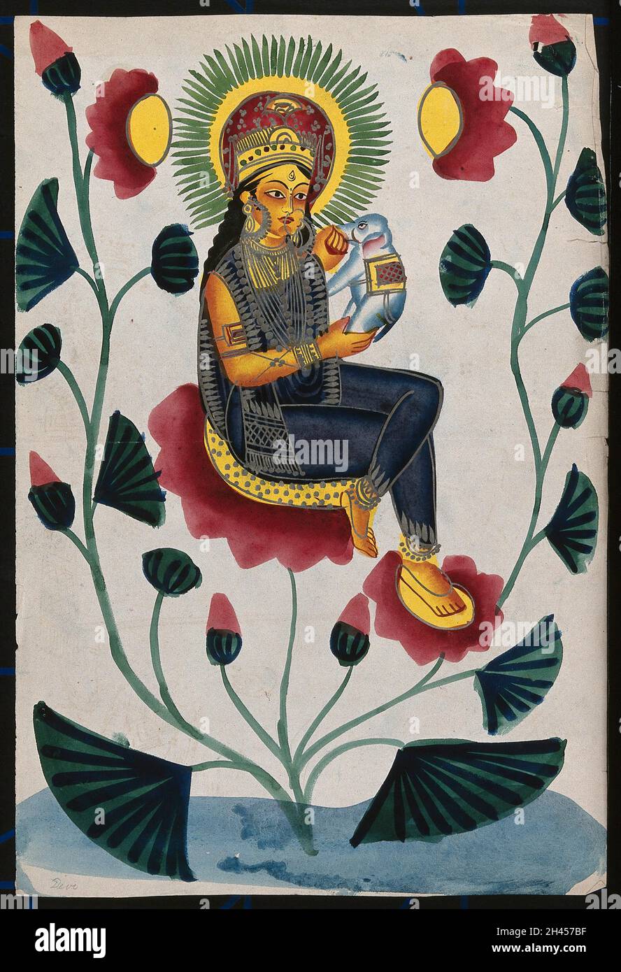A goddess on a flowering plant holding a baby elephant, could either be ...