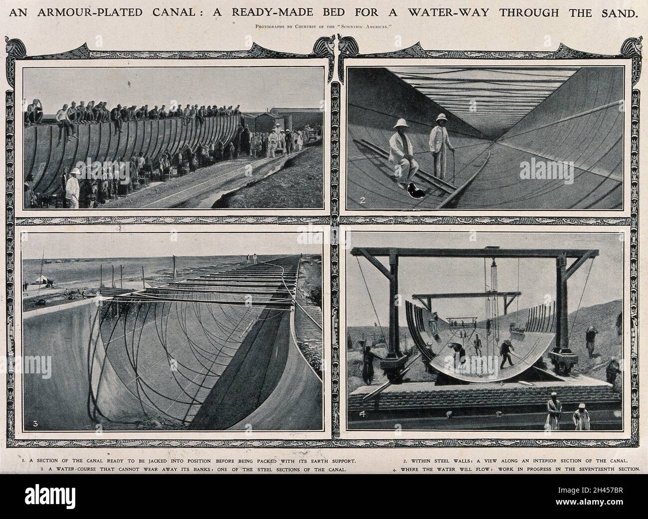 Workmen installing prefabricated steel sections of a canal. Process ...