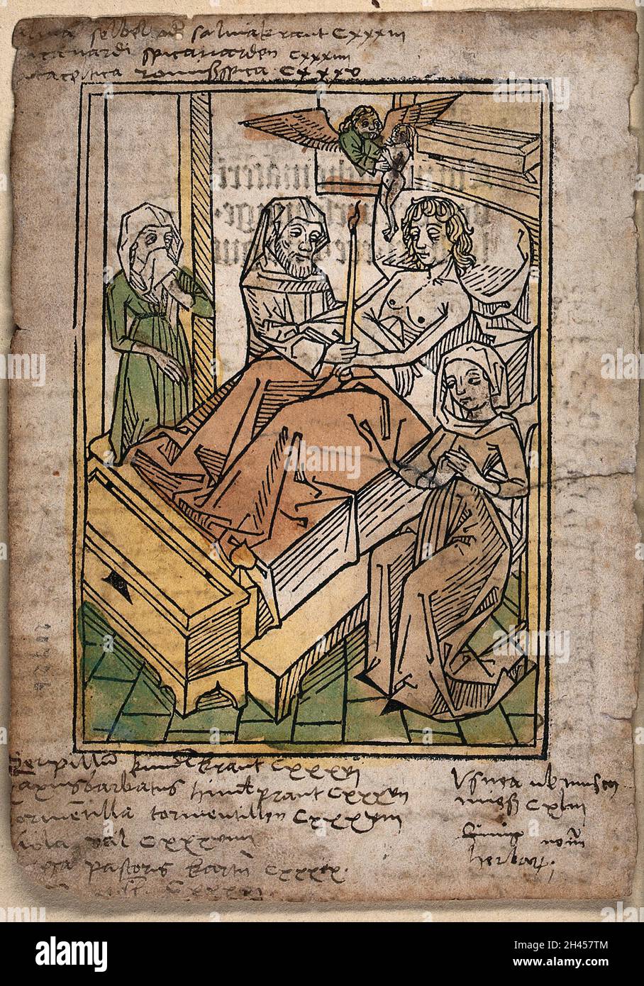 A priest gives a dying man his last rites. Coloured woodcut, 1493 Stock ...