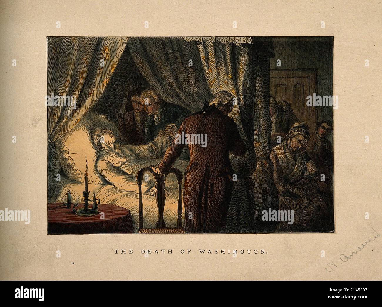 George Washington on his deathbed. Coloured wood engraving Stock Photo ...