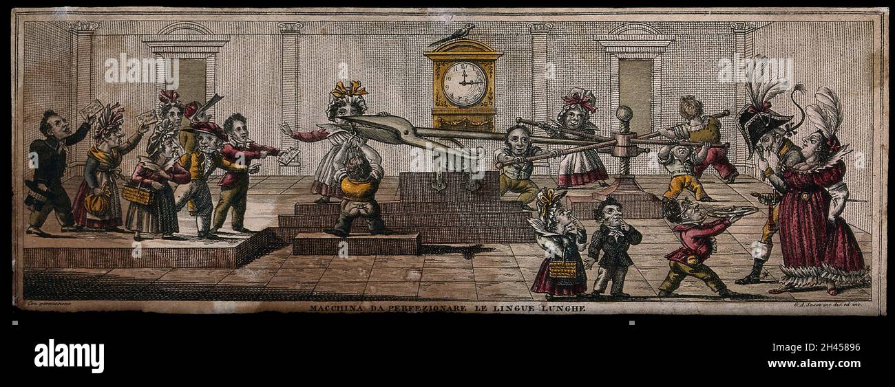 A woman is having her tongue cut out by a large pair of scissors which ...