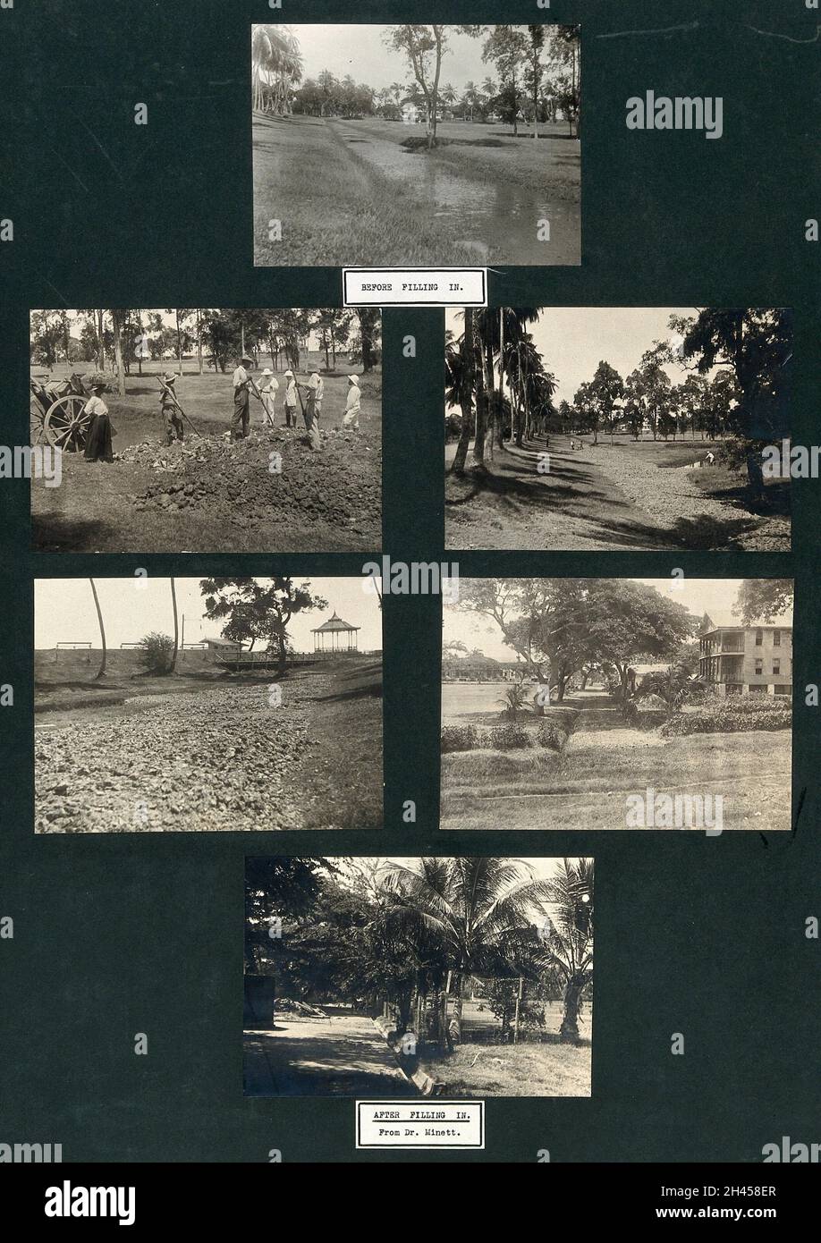 Narrow ditch running through a field with palm trees and a colonial ...