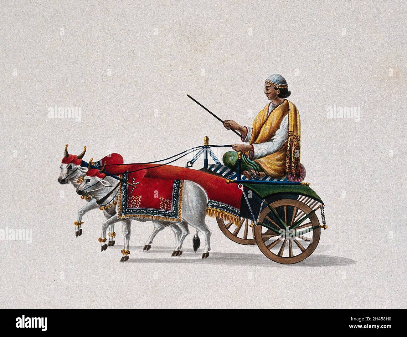 A man driving a bullock cart (ox cart) richly decorated. Gouache by an ...