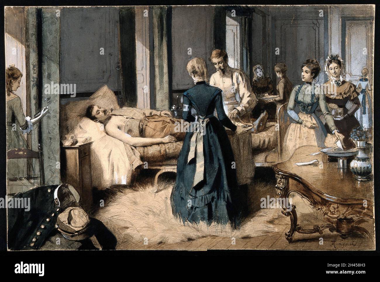 A doctor and some women attend to and prepare bandages for a wounded ...