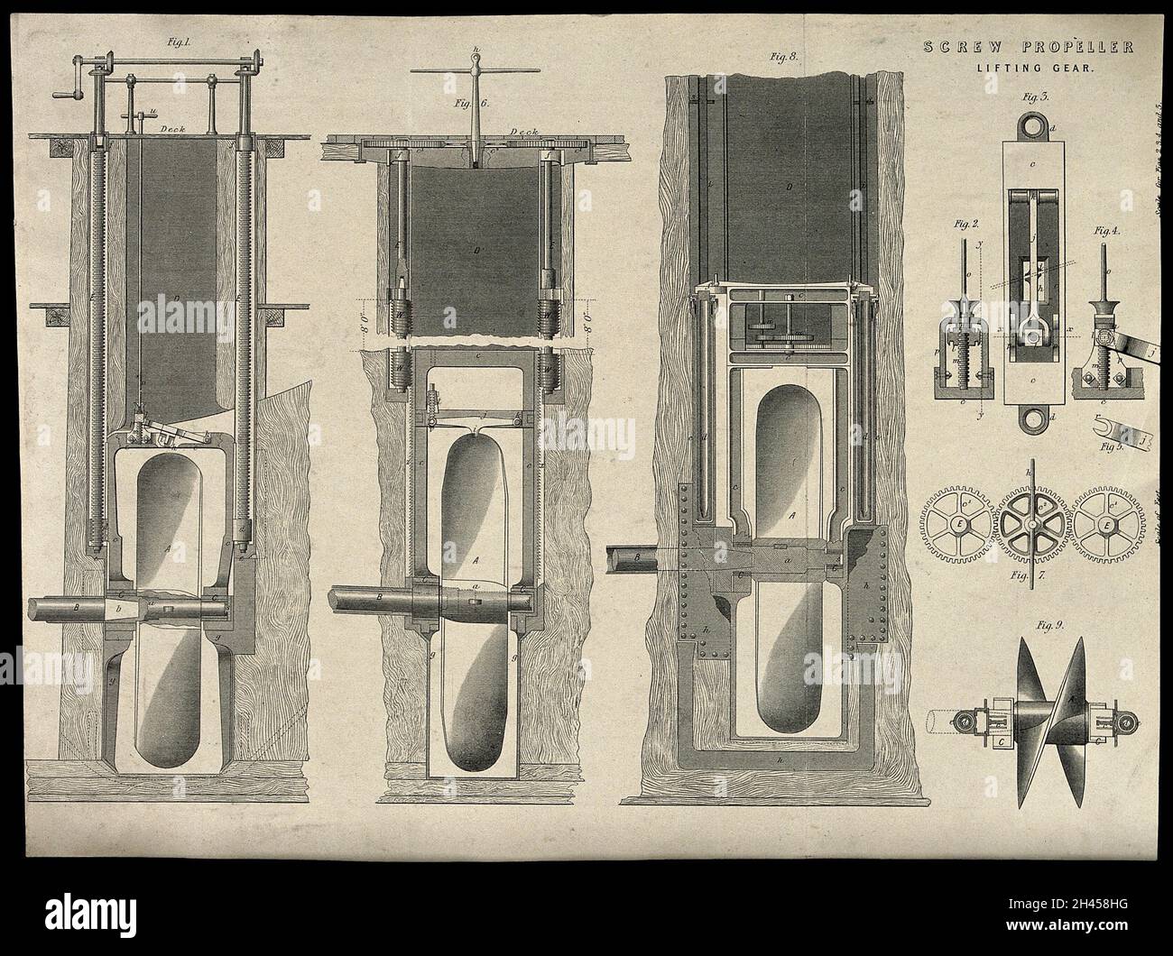 Shipping: three views of large propellors, with lifting gear. Engraving ...