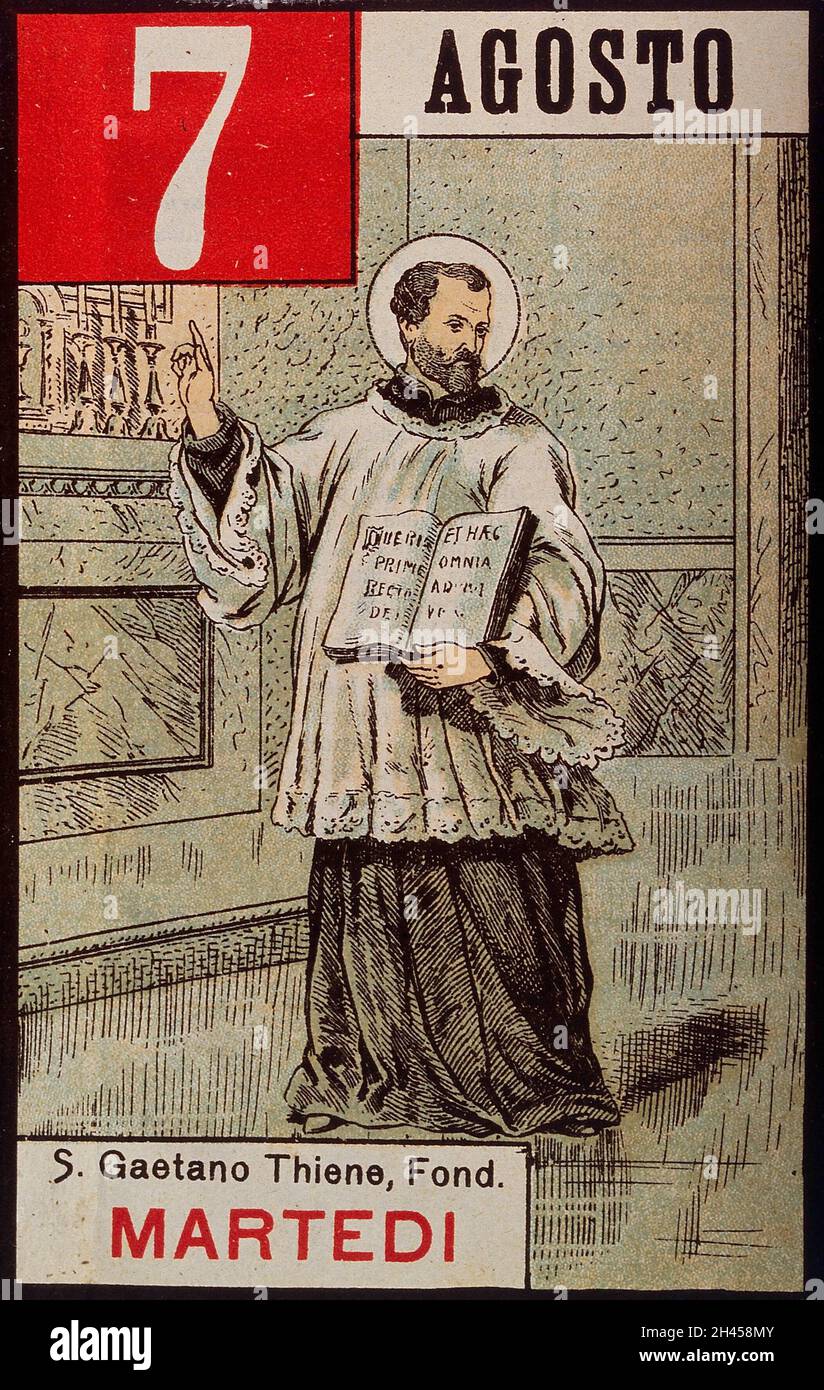 Saint Gaetano in a church, holding the Bible. Colour lithograph Stock ...