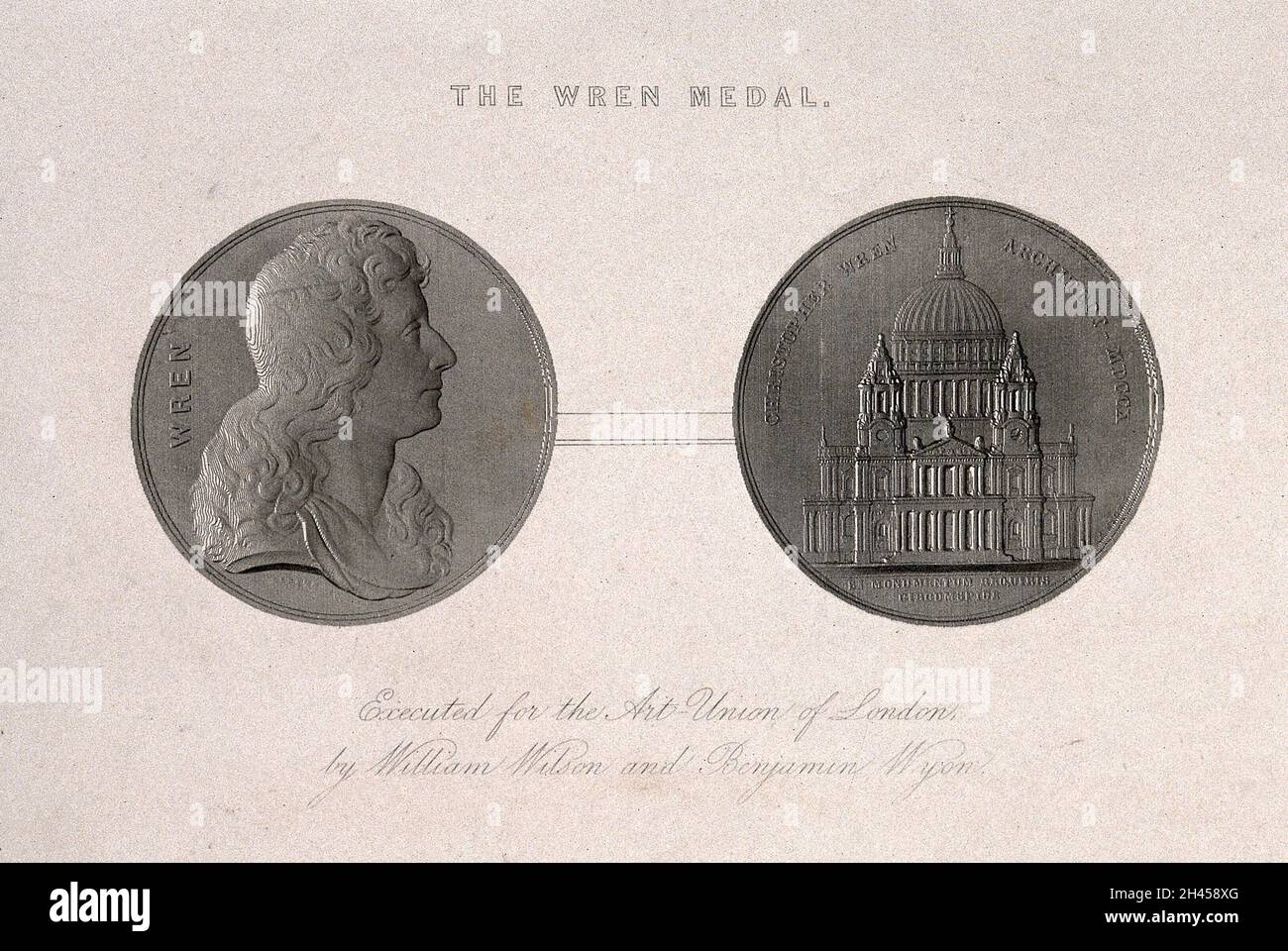 Sir Christopher Wren. Line engraving after a medal by W. Wilson & B ...