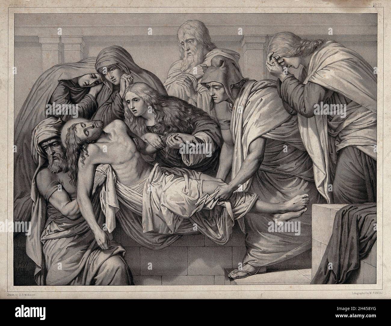 Christ is laid into a tomb. Lithograph by M. Fanoli after E.R. Wehnert ...