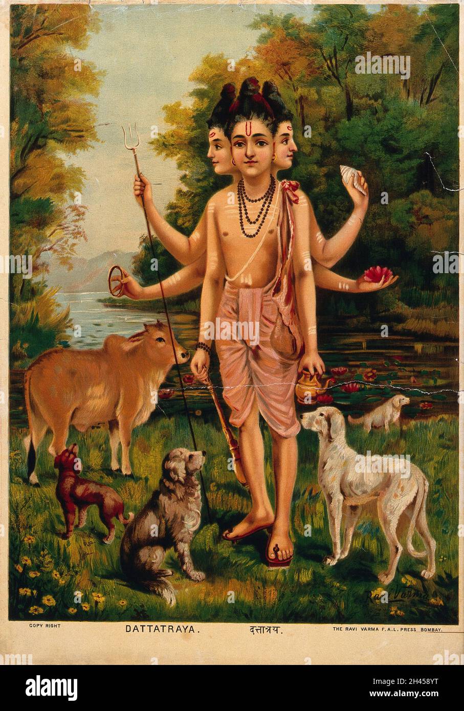 Dattātreya with his four dogs and cow. Chromolithograph by R. Varma ...
