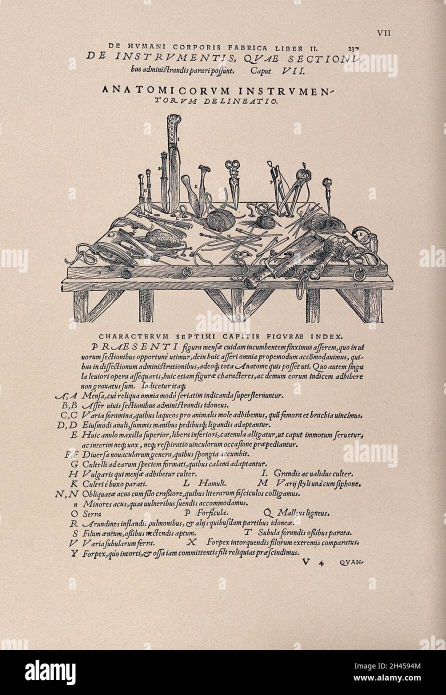 Anatomical instruments on a table used for vivisection. Photolithograph ...