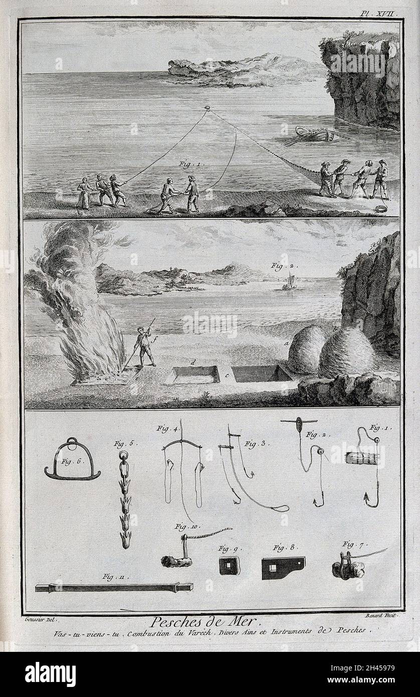 Fishermen with a drag-net, burning kelp on the beach, and hooks and ...