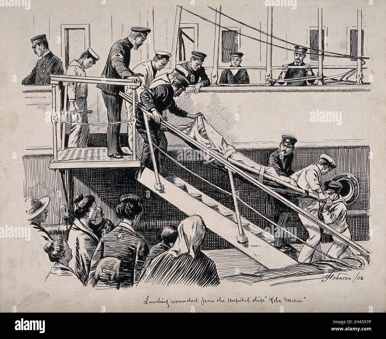 Russo-Japanese War: taking wounded men on stretchers off the hospital ...