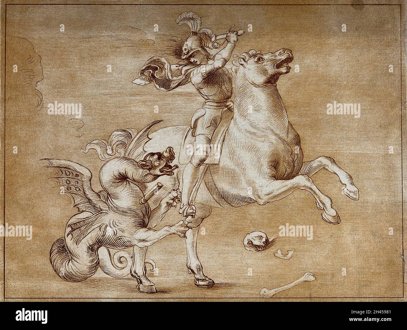 Saint George on horseback about to kill the dragon with his sword ...