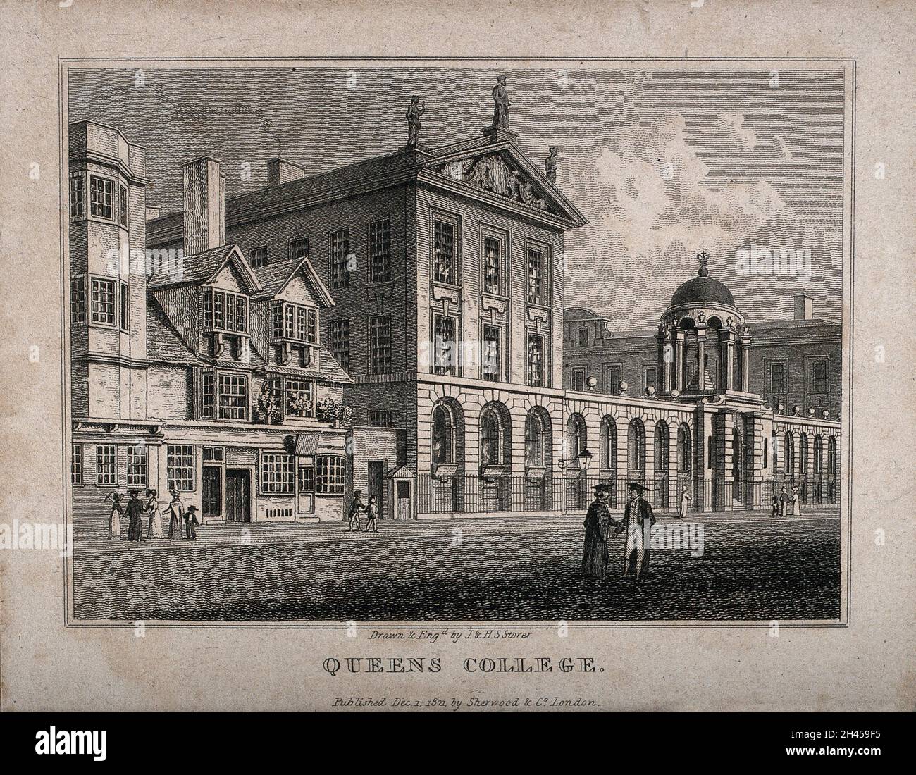 queen-s-college-oxford-line-engraving-by-j-h-s-storer-1821-stock