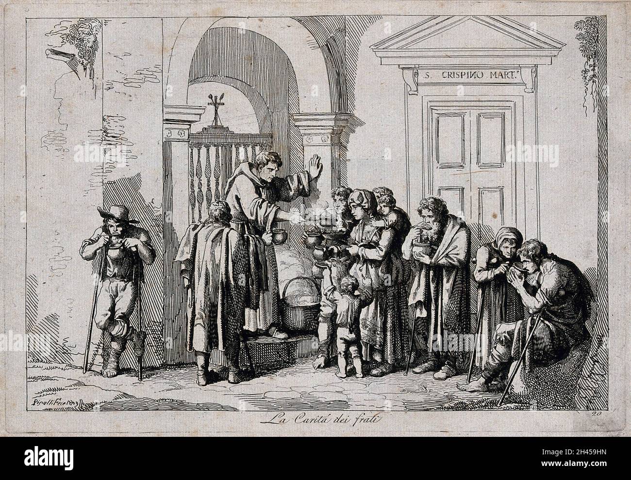 A friar giving food to lame people and to a mother and her two children ...