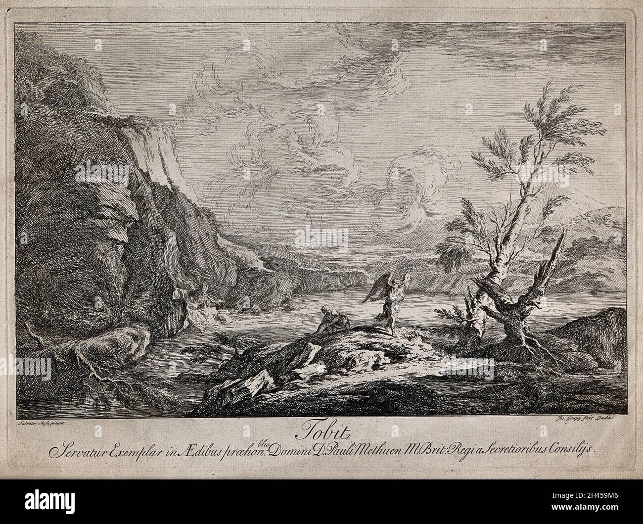 Tobit and the angel. Etching by J. Goupy after S. Rosa Stock Photo - Alamy