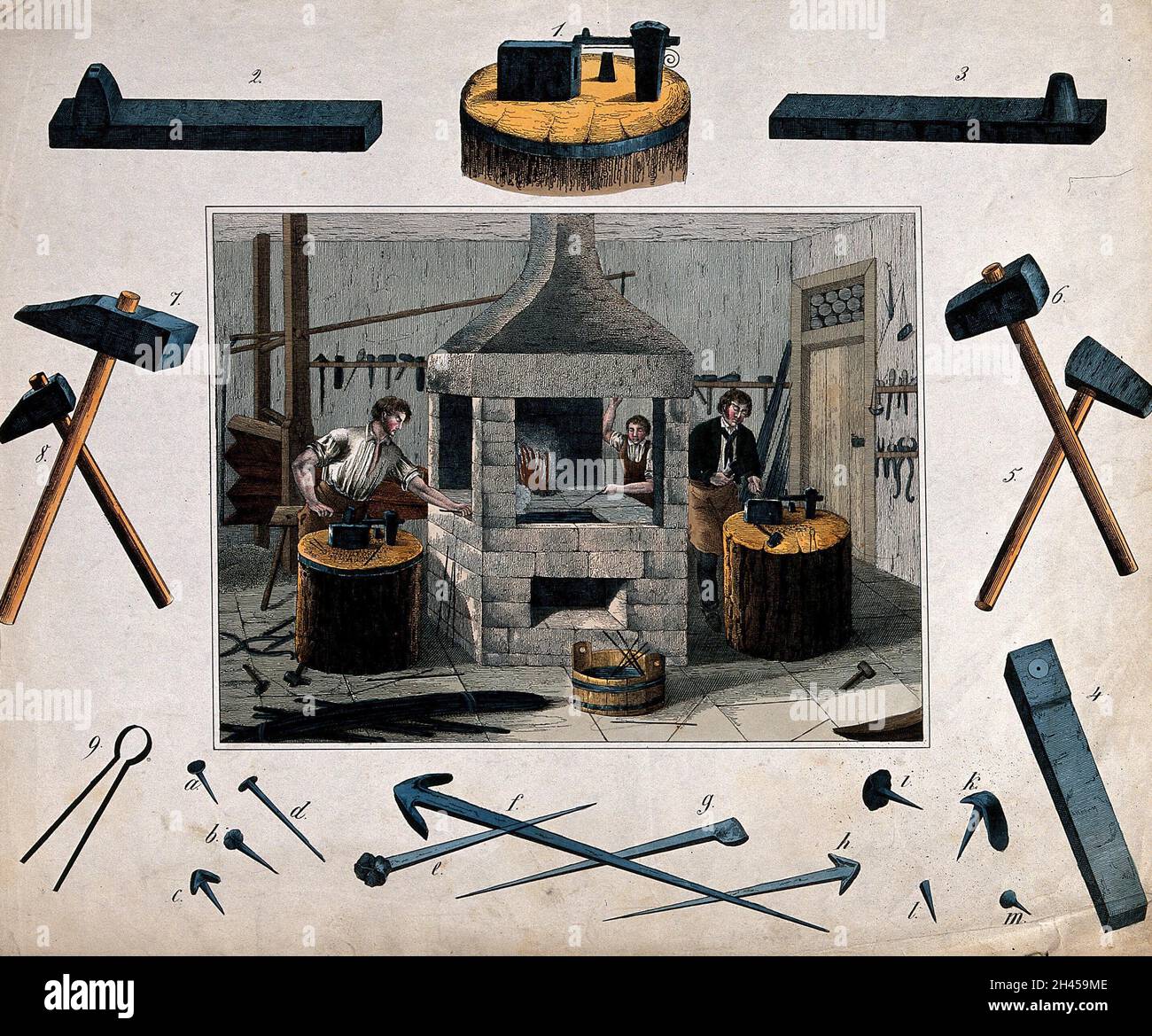 Three men work near an open fire on anvils with hammers making nails ...