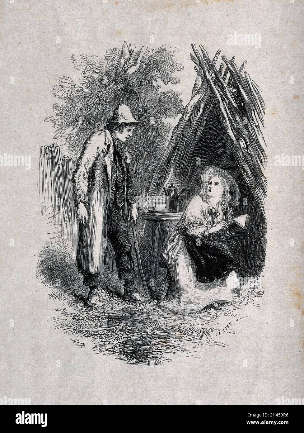 A man in ragged clothing has come upon a woman sitting inside a shelter ...