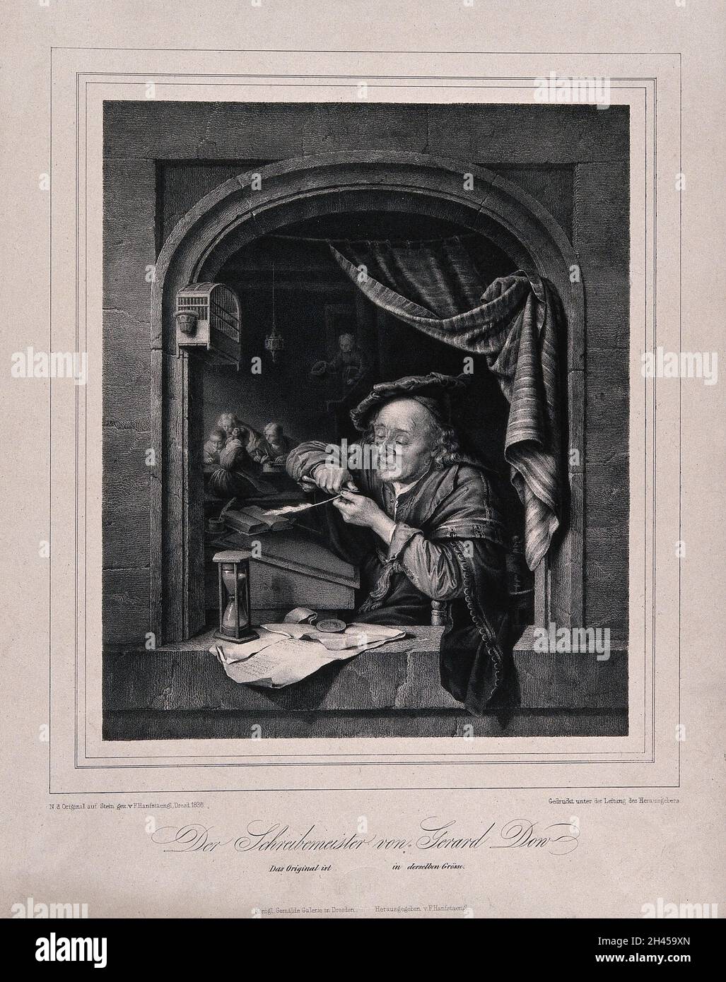 The old writing master sharpens his pen at the window with his students ...