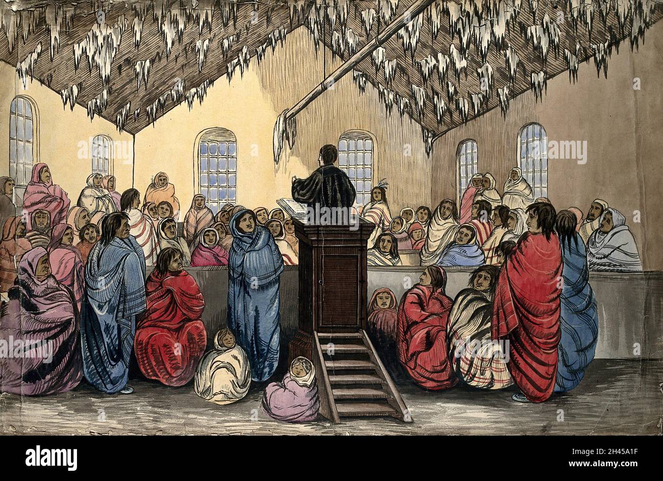 A Christian missionary preaching to North American Indians. Watercolour ...
