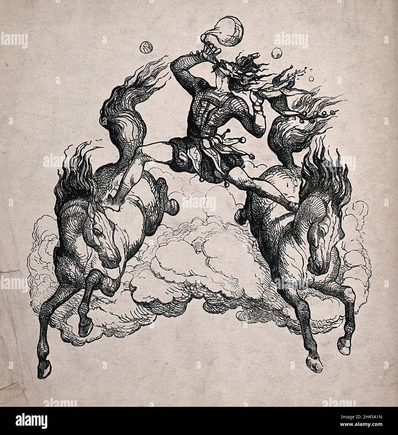 A man riding astride two galloping horses blows bubbles from a pipe ...