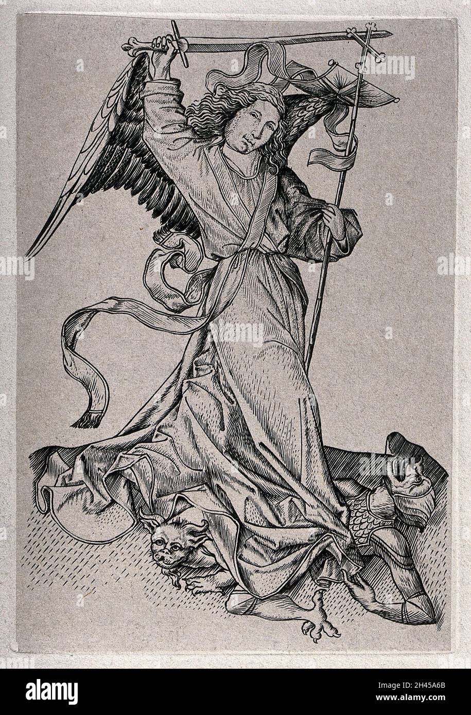 Saint Michael the Archangel. Engraving after the Master E.S Stock Photo ...