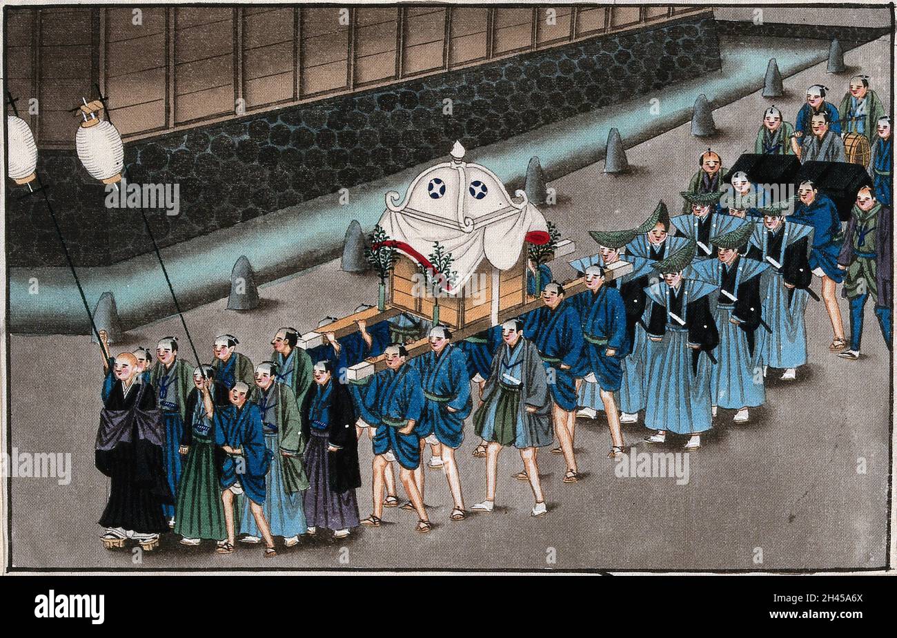 Japanese funeral customs: the cortège proceeds towards the temple ...