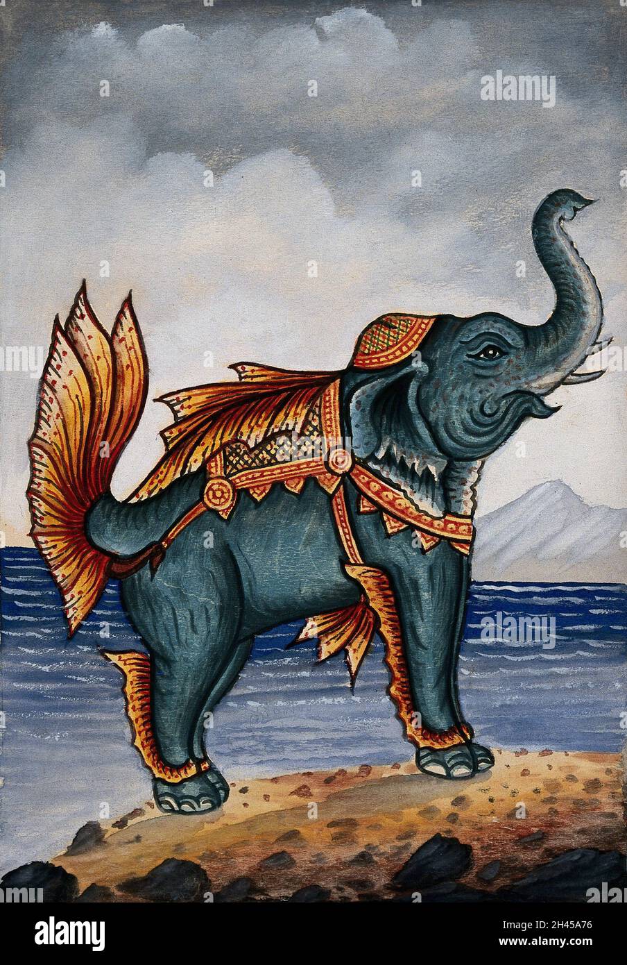 A monstrous elephant with gold scaly gills; water and a mountain beyond ...