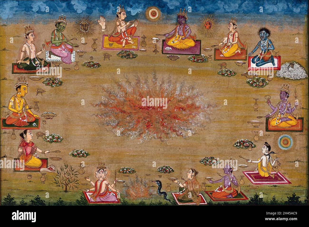 Thirteen different gods perform a yagna, a fire sacrifice, an old vedic ...