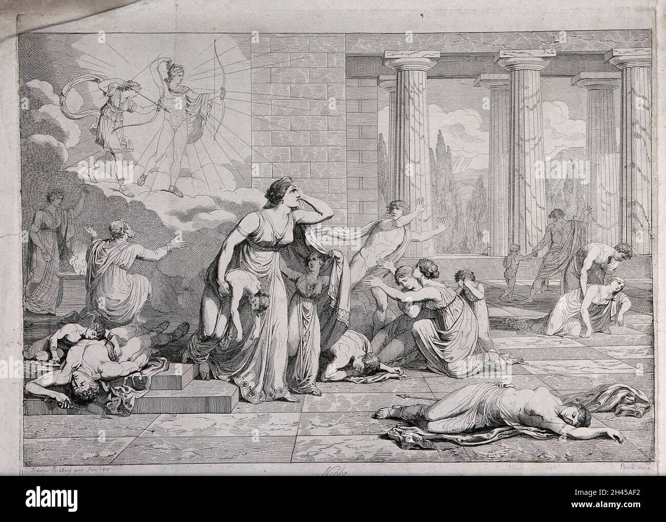 Niobe grieving over the loss of her fourteen children while holding ...