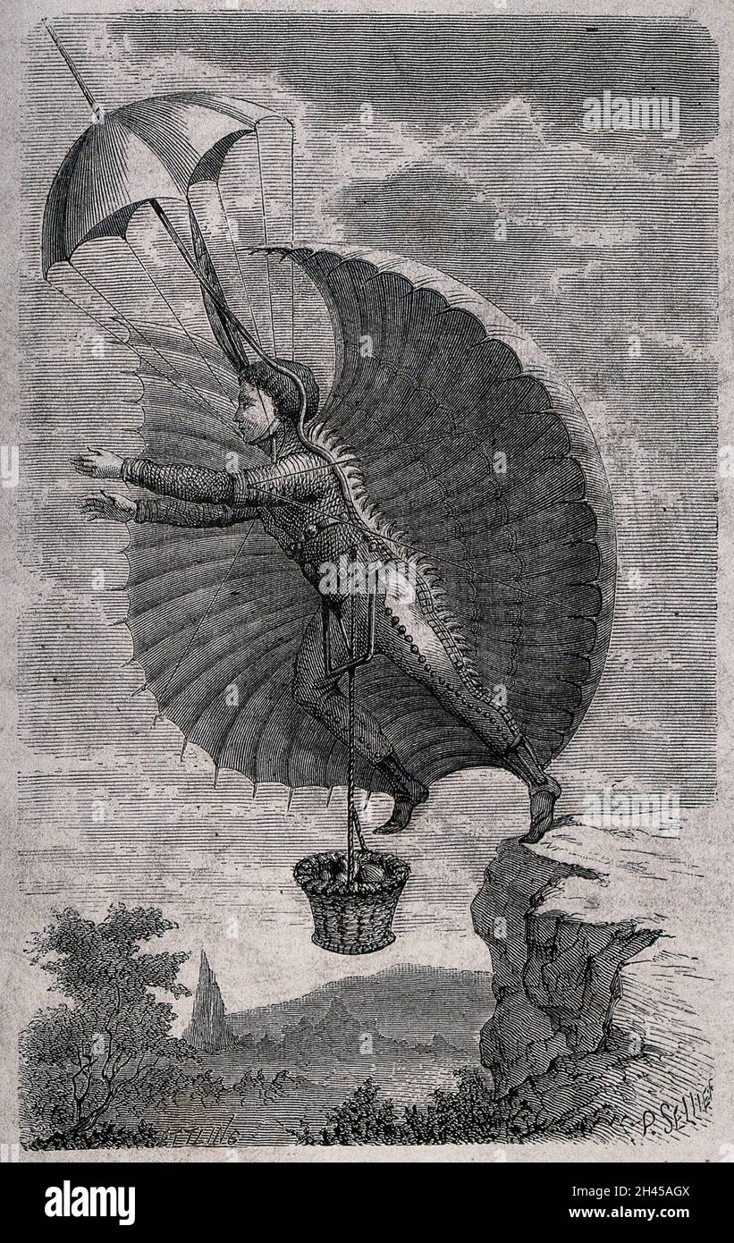 A man with wings strapped to his body, a parachute attached to his head ...