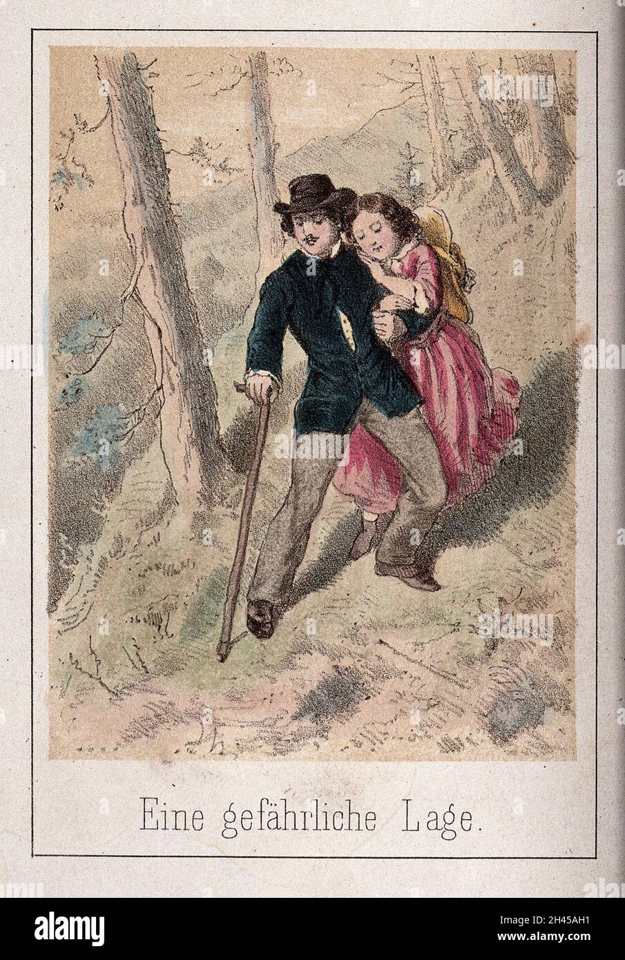 A young man helps a girl down a steep slope. Coloured lithograph Stock ...