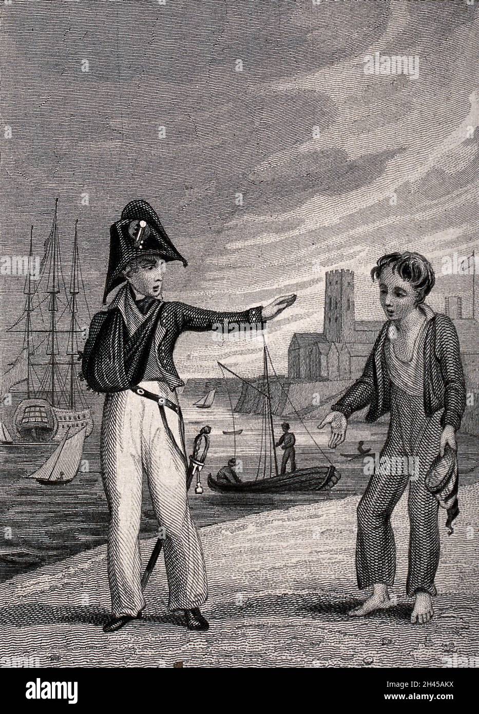 A sailor on a quay side with one arm in a sling holds out his other ...