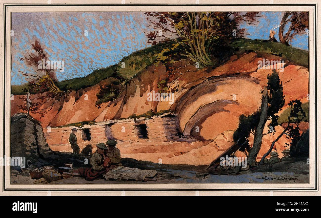 World War I: soldiers in front of a bunker shelter. Watercolour by ...