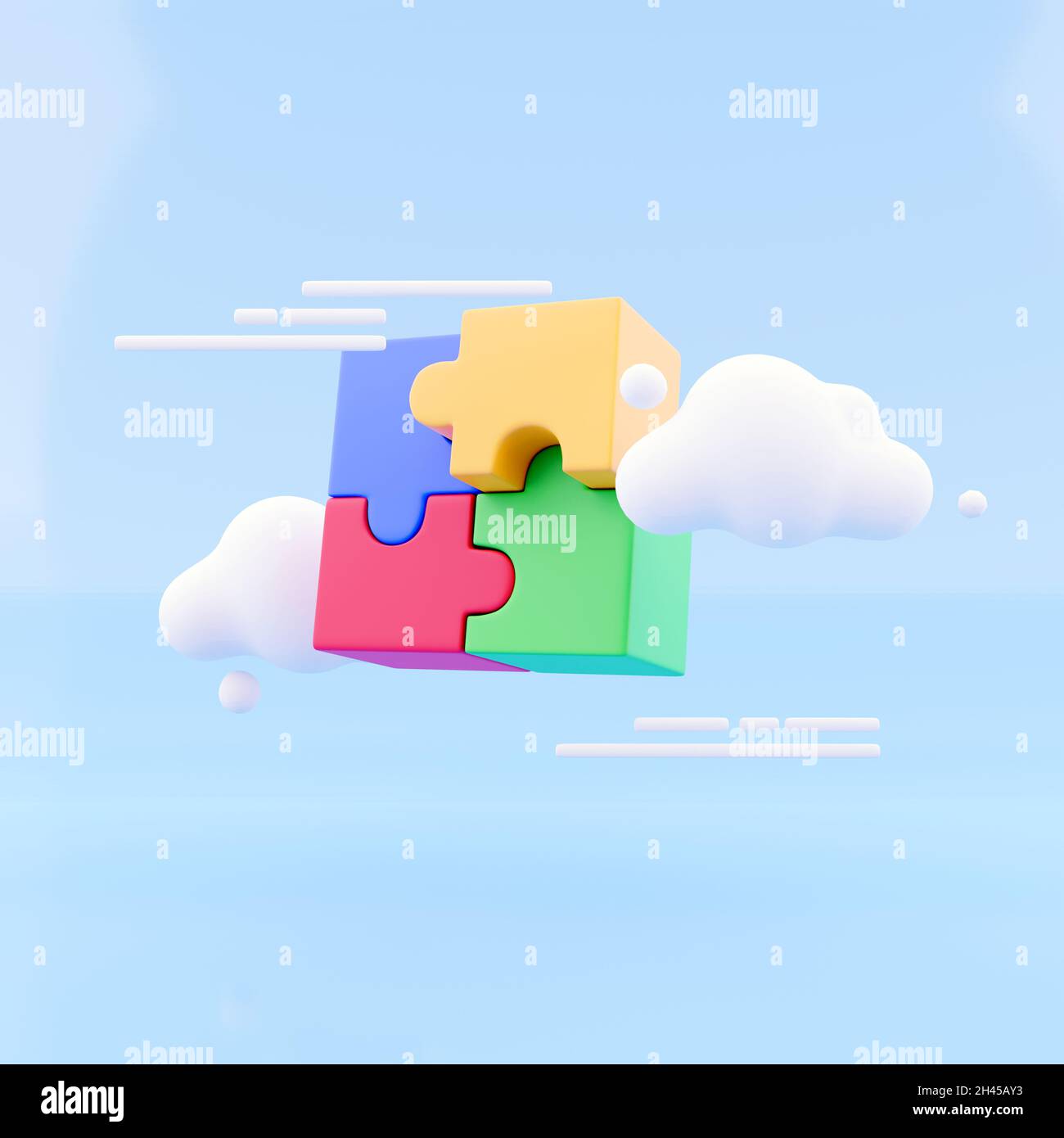 3D jigsaw puzzle pieces with cloud on blue background. Problem-solving ...