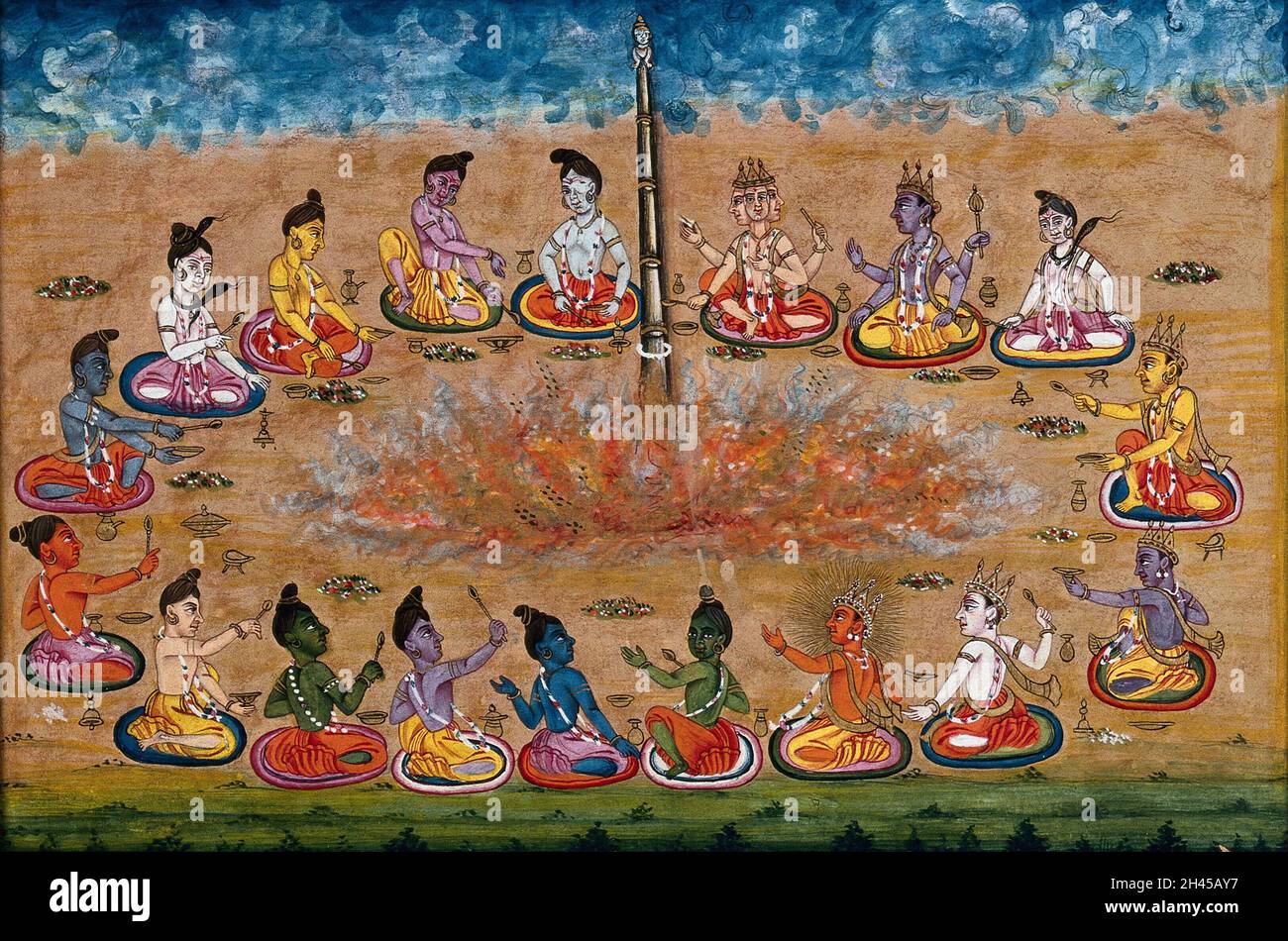 A column emerges from the sacrificial fire as eighteen deities perform ...