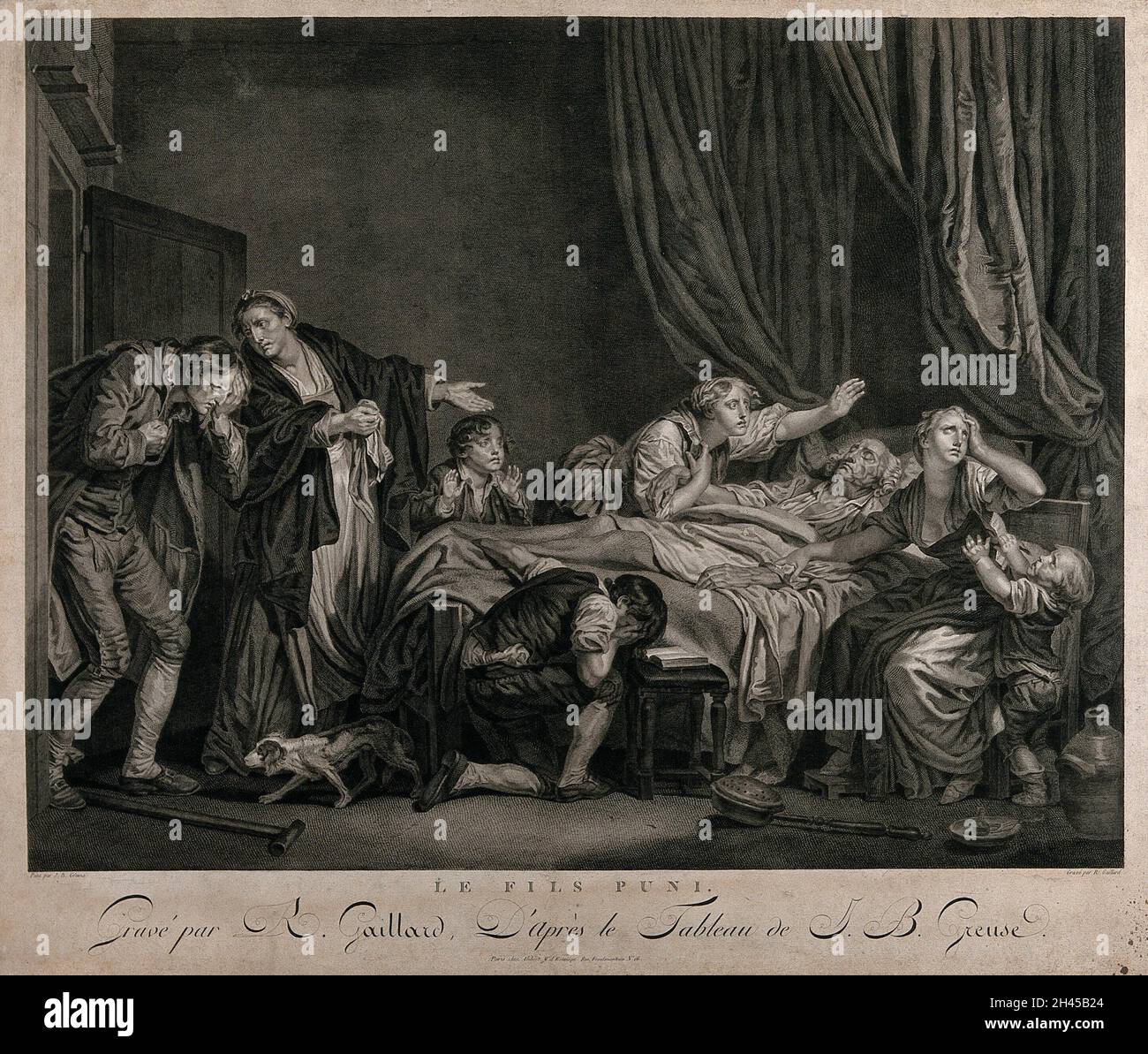 A man is lying on his deathbed surrounded by his wife and children; his ...