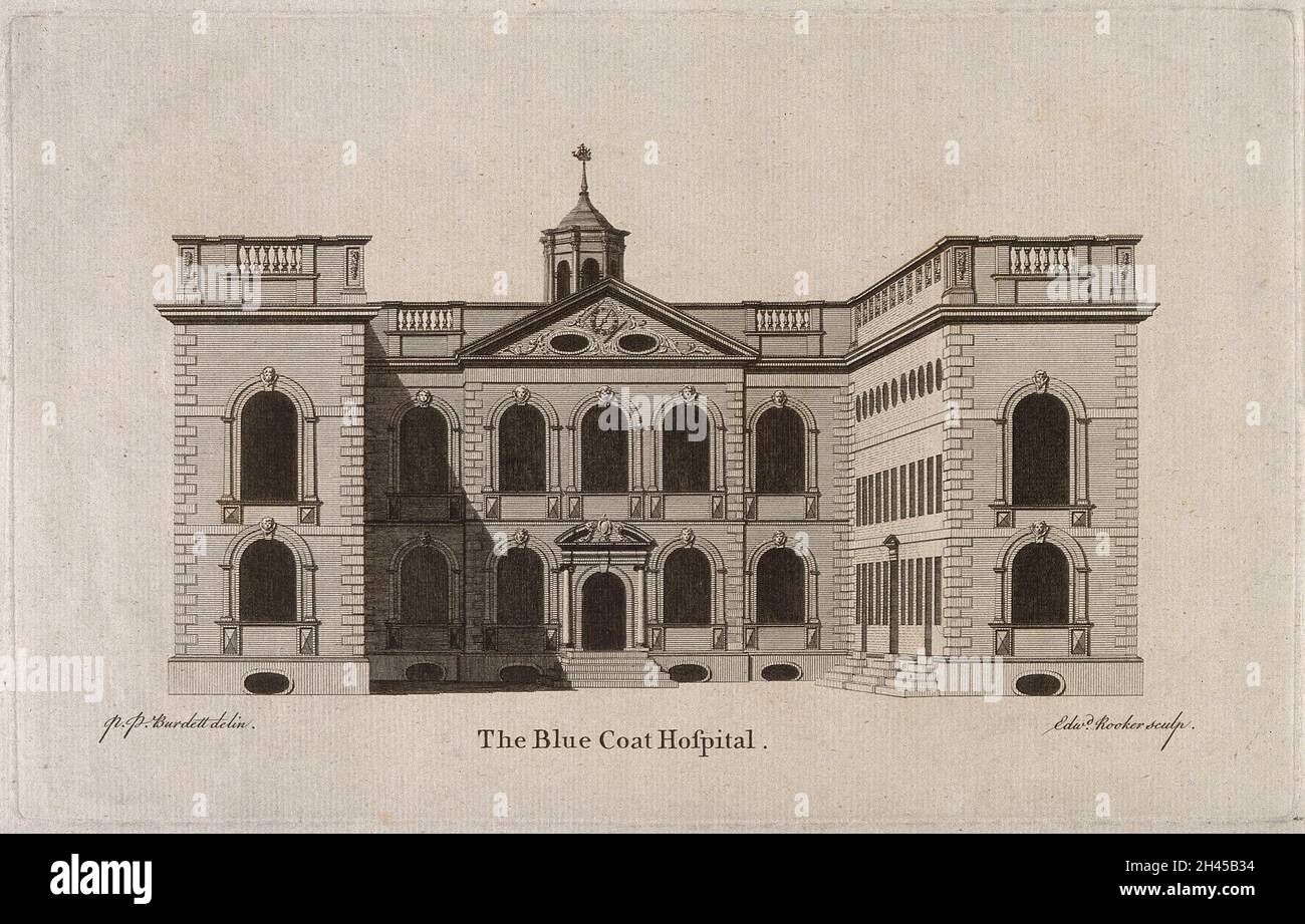 Blue Coat Hospital, Liverpool, Merseyside. Line engraving by E. Rooker ...