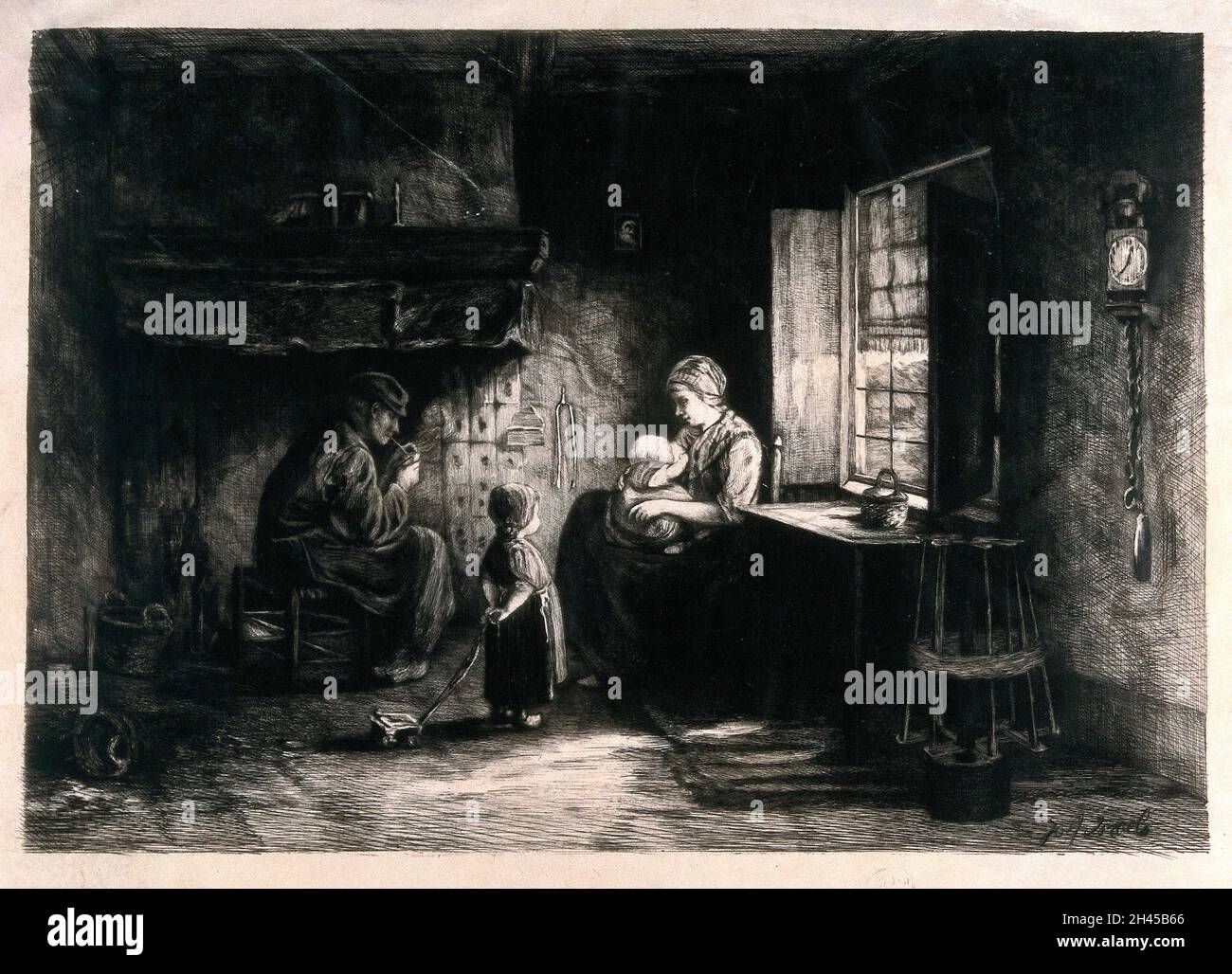 A family scene with the father sitting near the hearth smoking a pipe ...