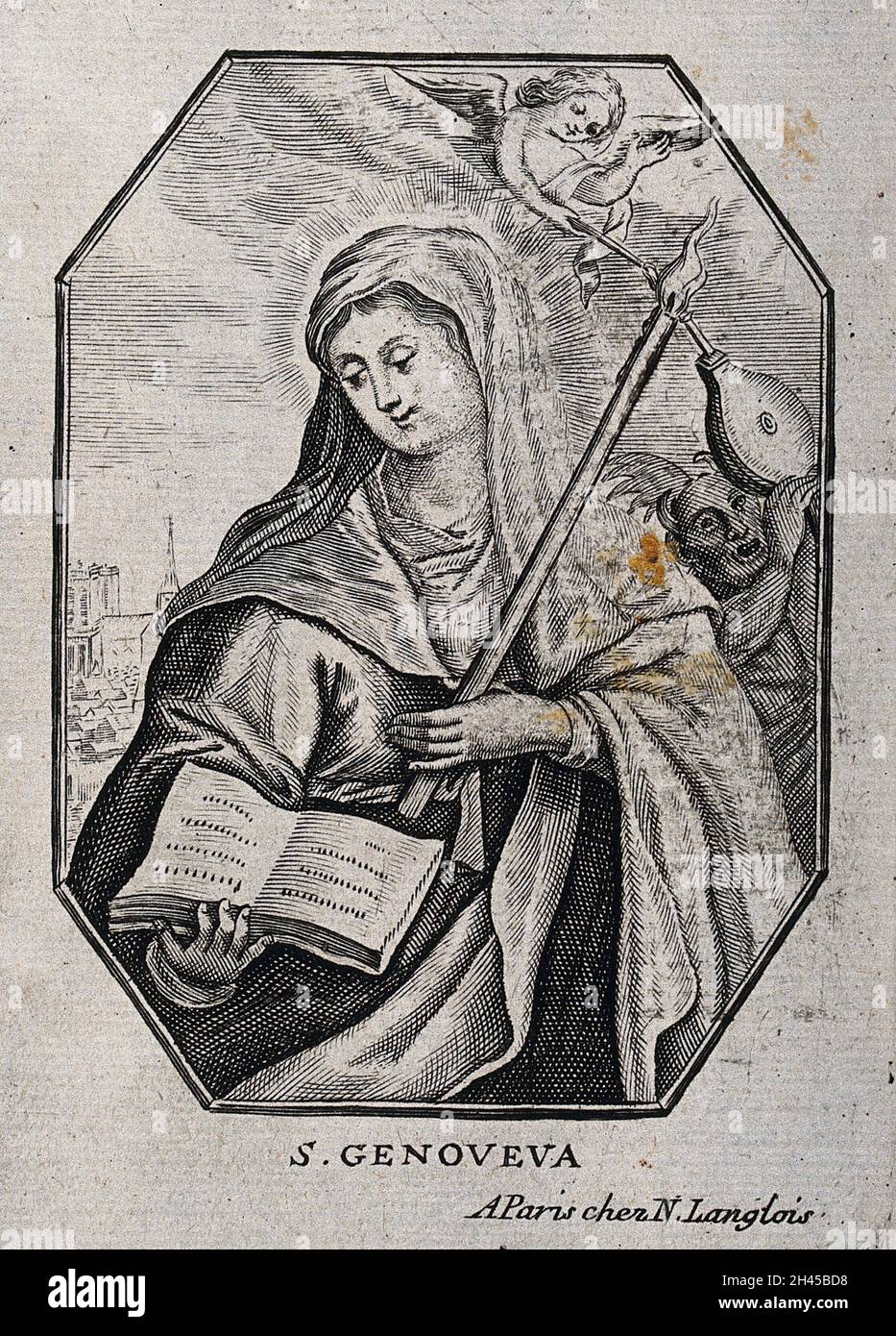 Saint Geneviève is holding the Bible and a torch which an angel lights ...