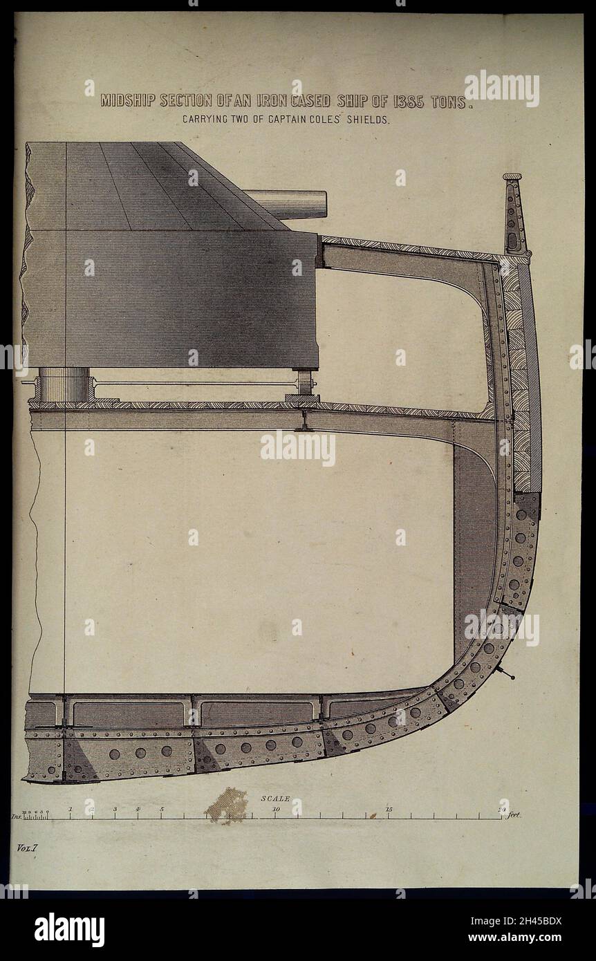 Engineering: section through the hull of an ironclad battleship ...