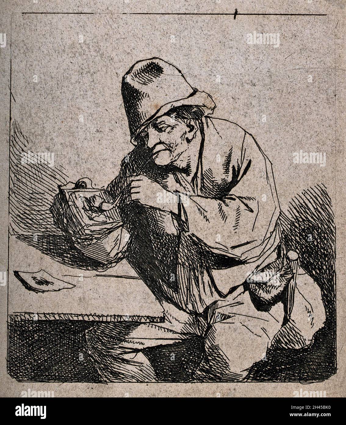 A man sits at a table lighting his pipe. Etching by D. Deuchar ...