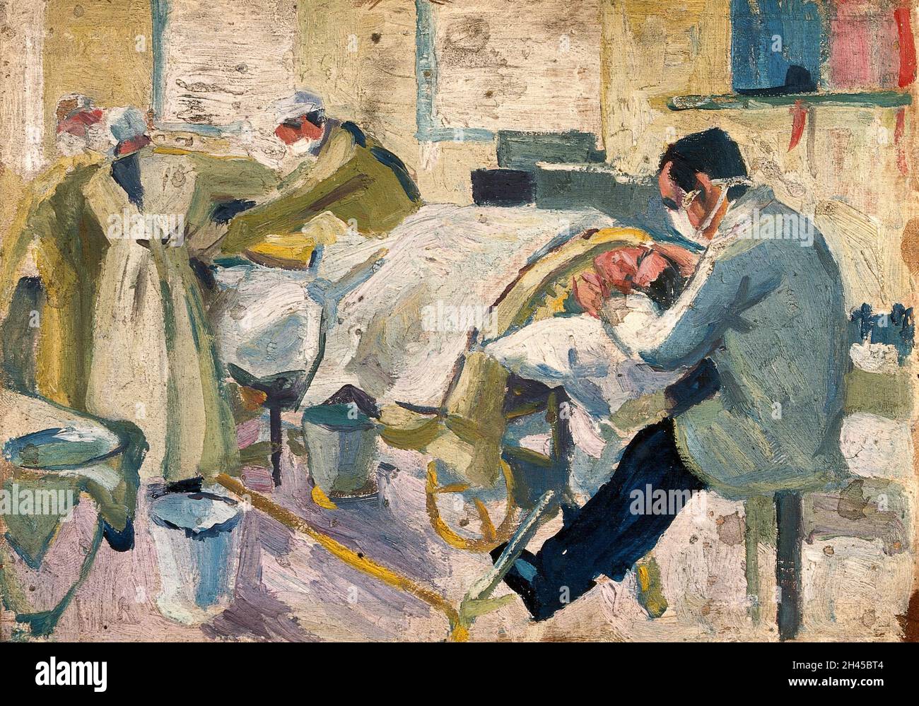 World War I: an operating theatre in a hospital ship. Oil painting by ...