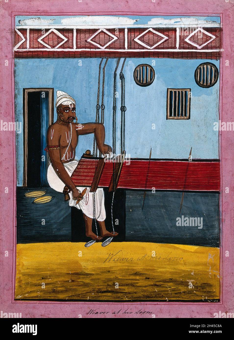 Indian weaver at his loom. Gouache drawing Stock Photo - Alamy