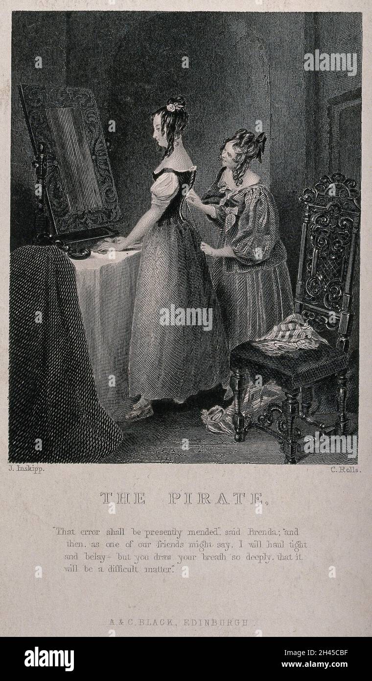 An older woman is holding a tape measure to a young woman's waist as ...