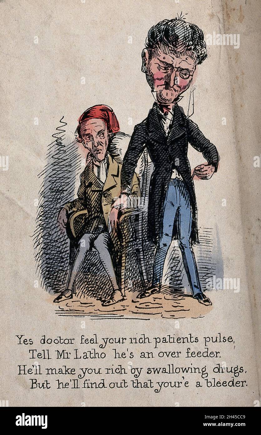 A doctor is taking the pulse of a sick man seated in an armchair ...