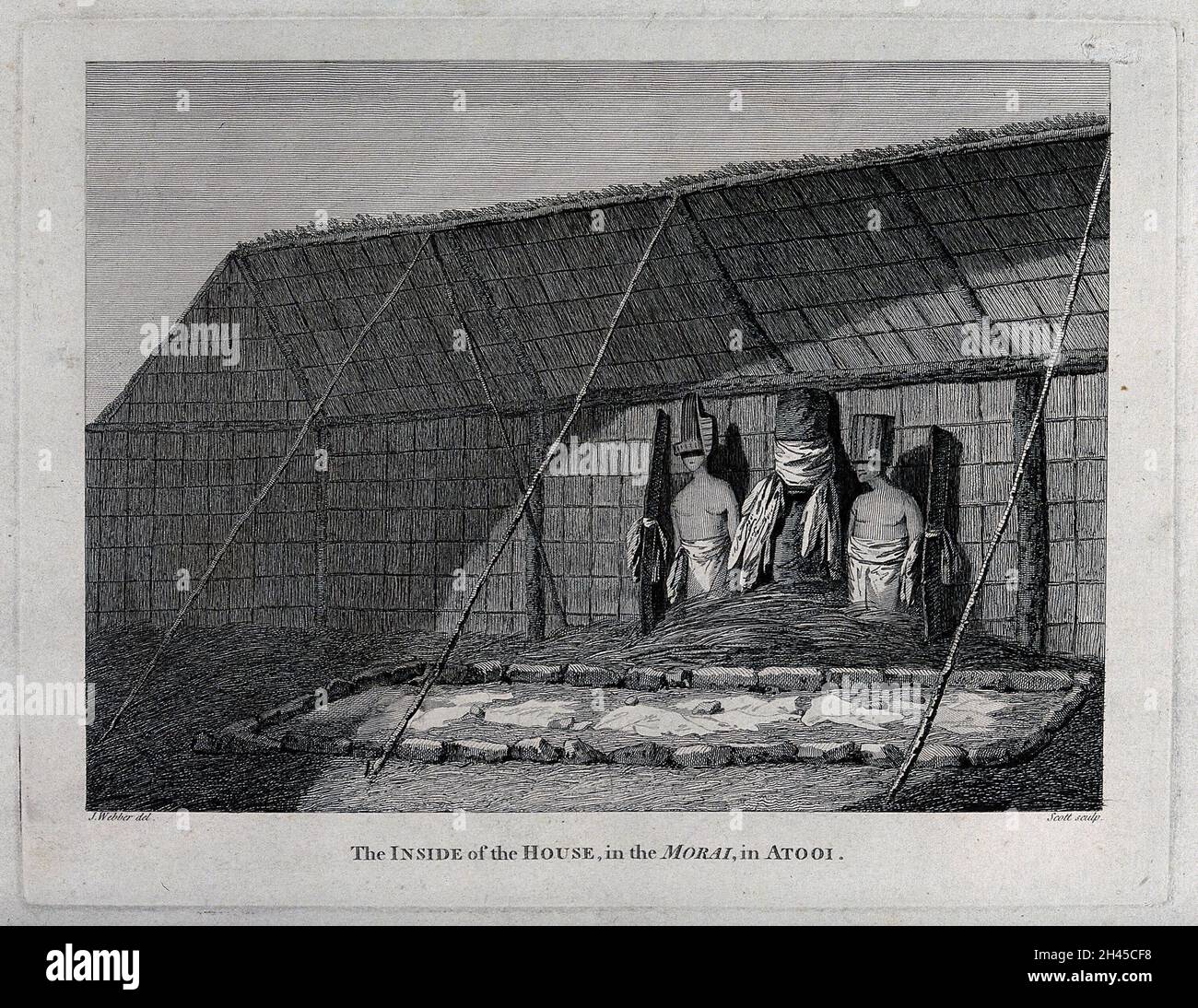 The inside of a hut in a morai, place of burial and worship, in Atooi ...