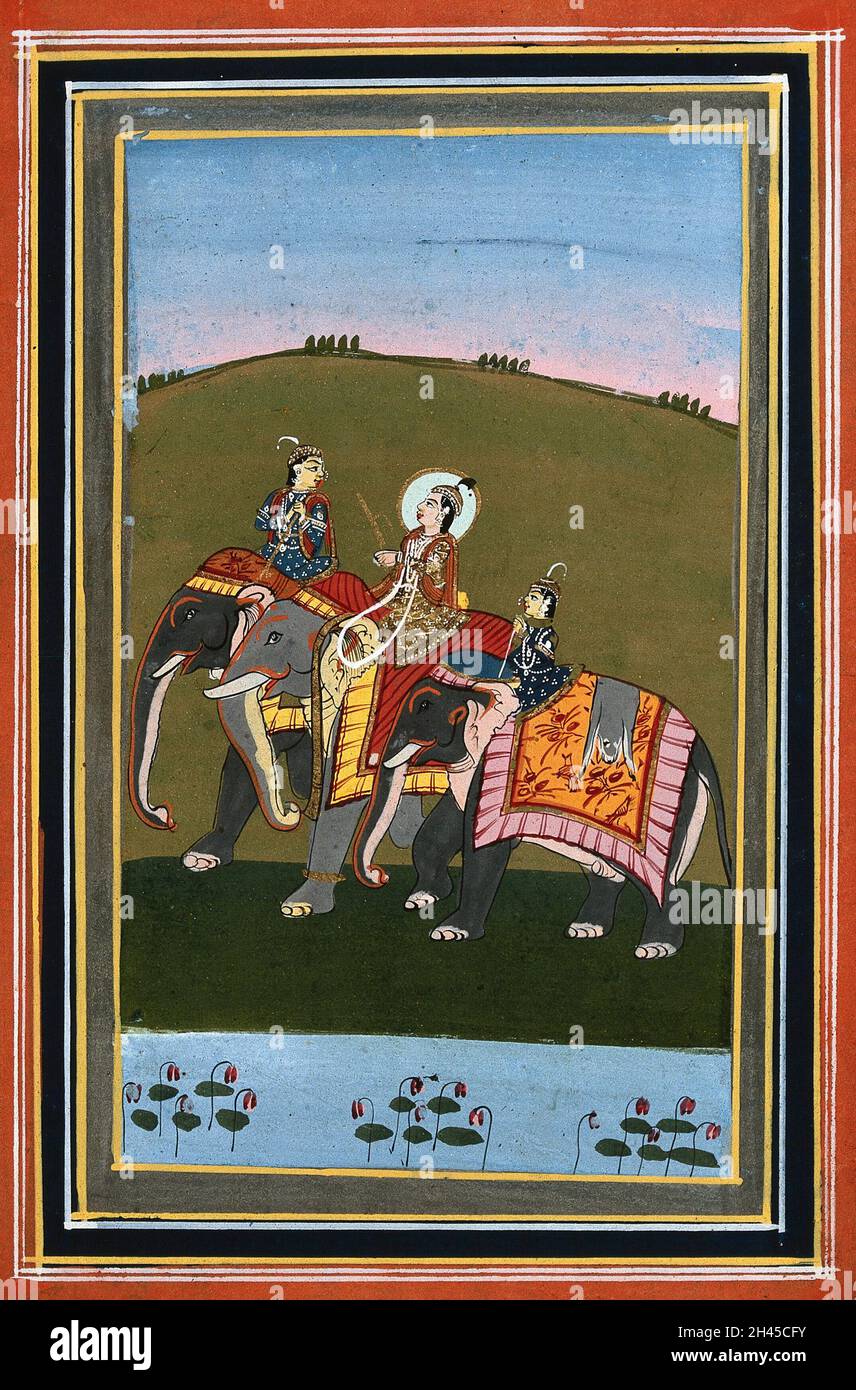 An Indian king and two other members of royalty riding on elephants ...