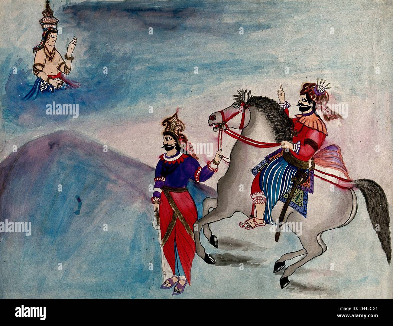 A high ranking person on horseback, being blessed by a god. Gouache ...