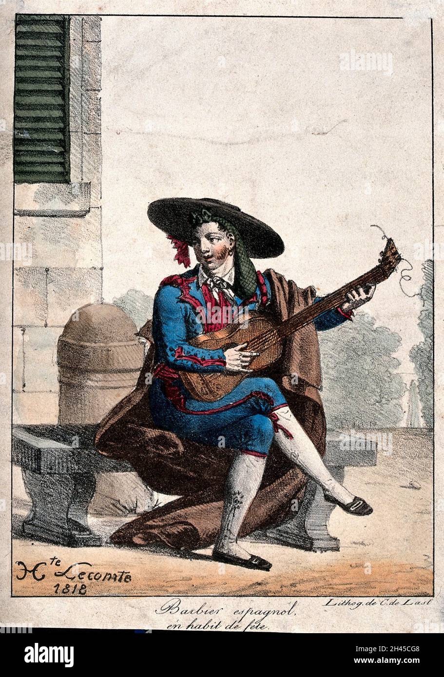 A Spanish barber playing the guitar. Coloured lithograph by C. de Last ...